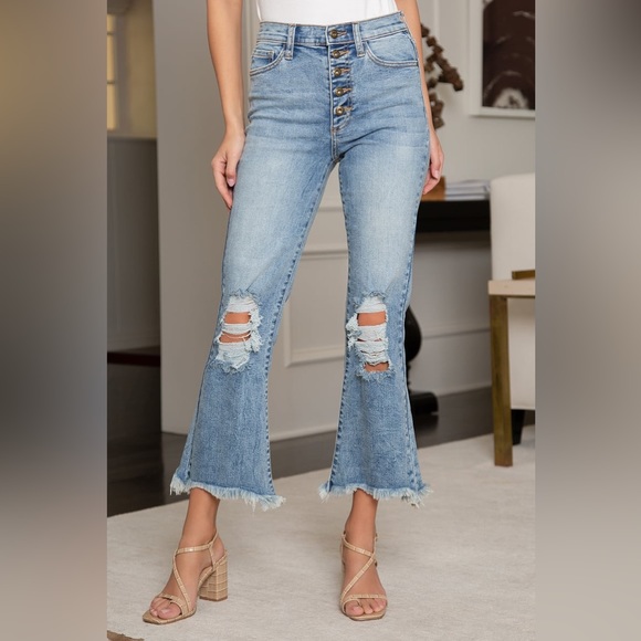 Sneak Peek | Jeans | Sneak Peek Button Fly Distressed Crop Flare Denim ...